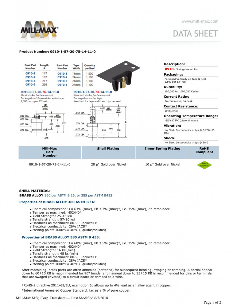 Mill-Max 0910 series technical document page 1