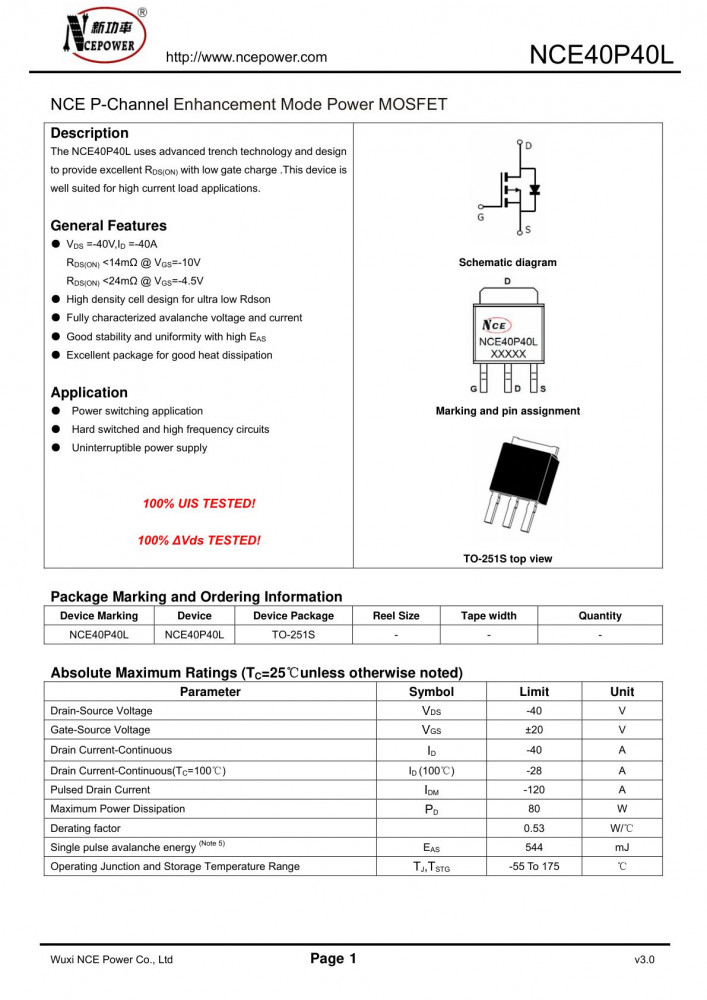 NCE40P40L datasheet page 1