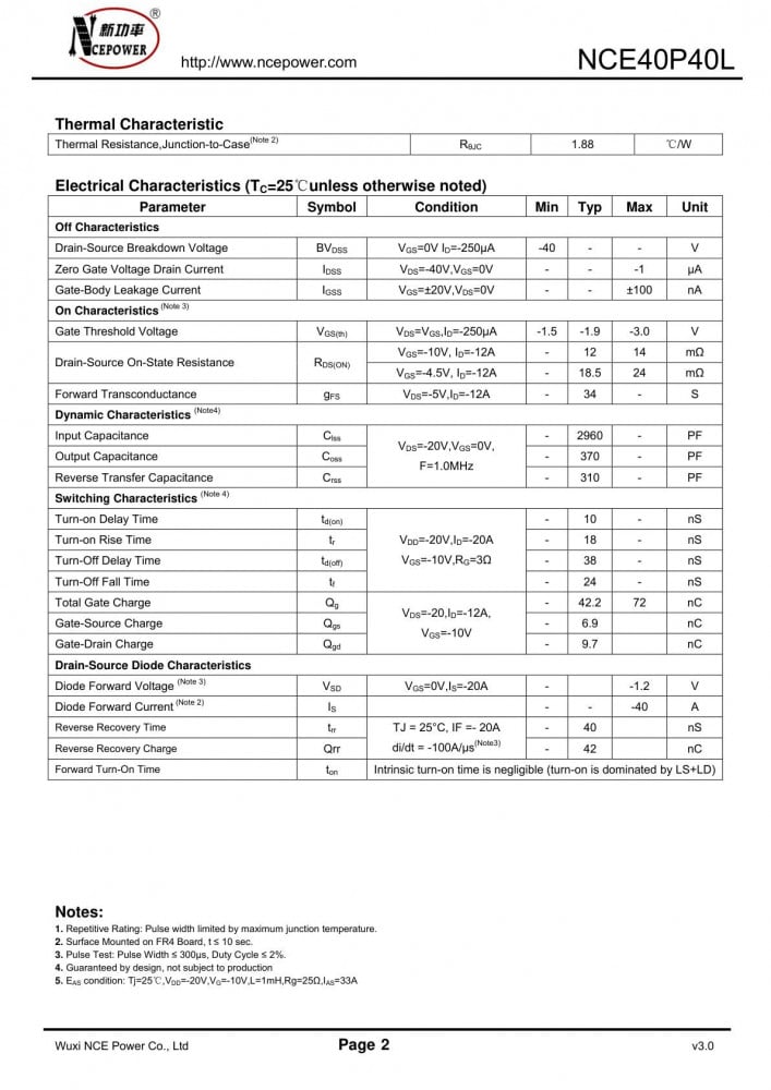 NCE40P40L datasheet page 2