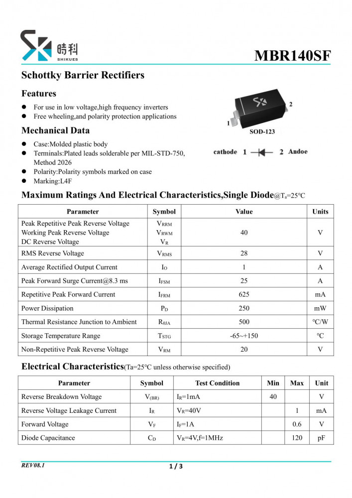 MBR140SF datasheet page 1