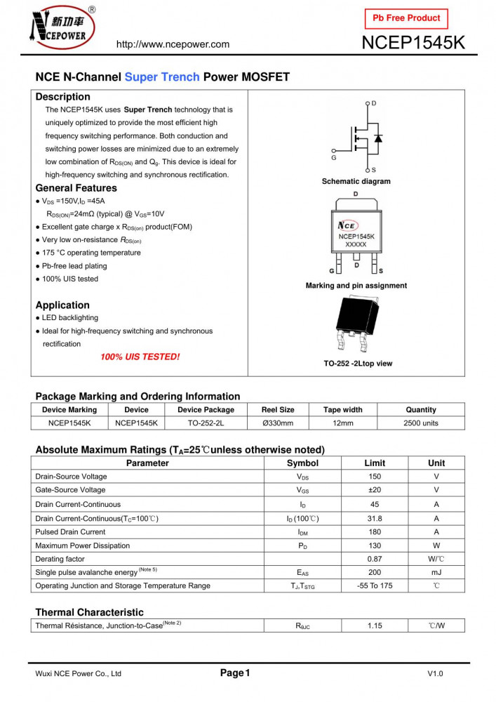 NCEP1545K datasheet page 1