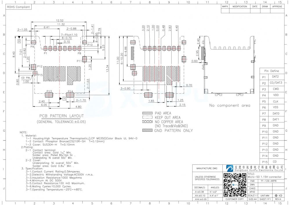 TF-129-ARP8 material and electrical specification page