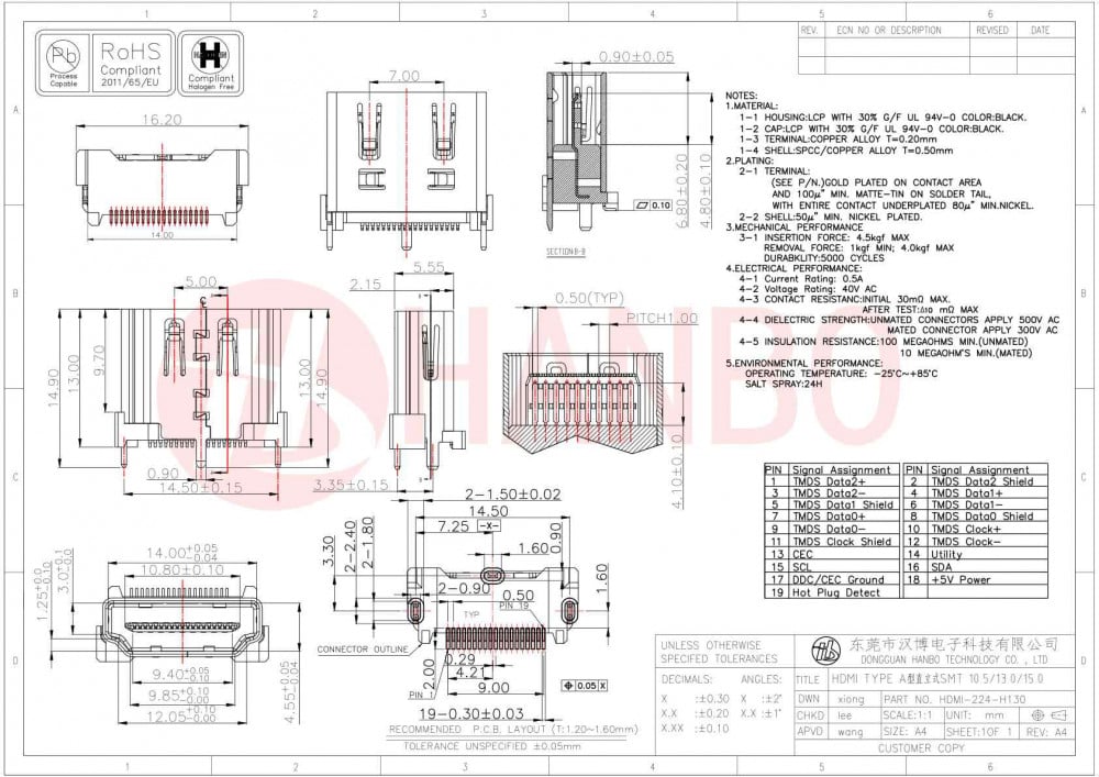 Hanbo Electronic HDMI-224-H130 technical drawing