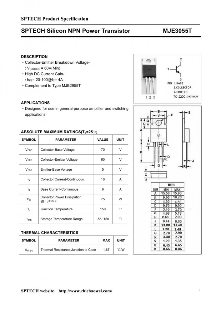 MJE3055T technical datasheet page 1