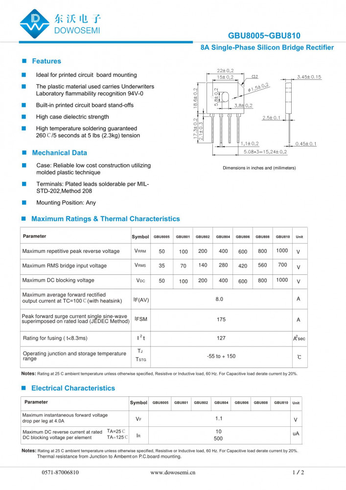 DOWO GBU808 datasheet page 1