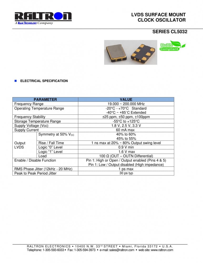 Raltron CL5032 technical document page 1
