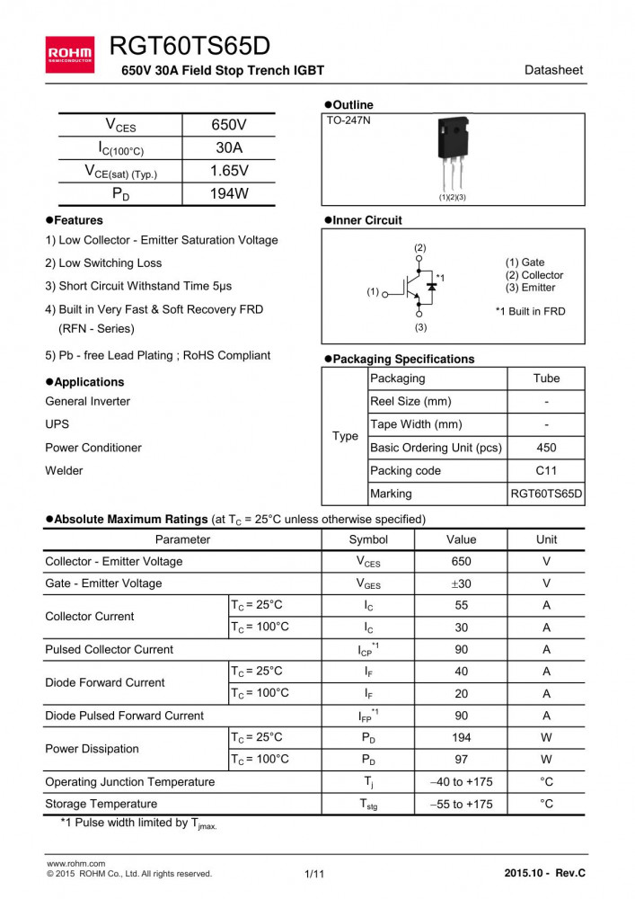 RGT60TS65DGC11 datasheet page 1