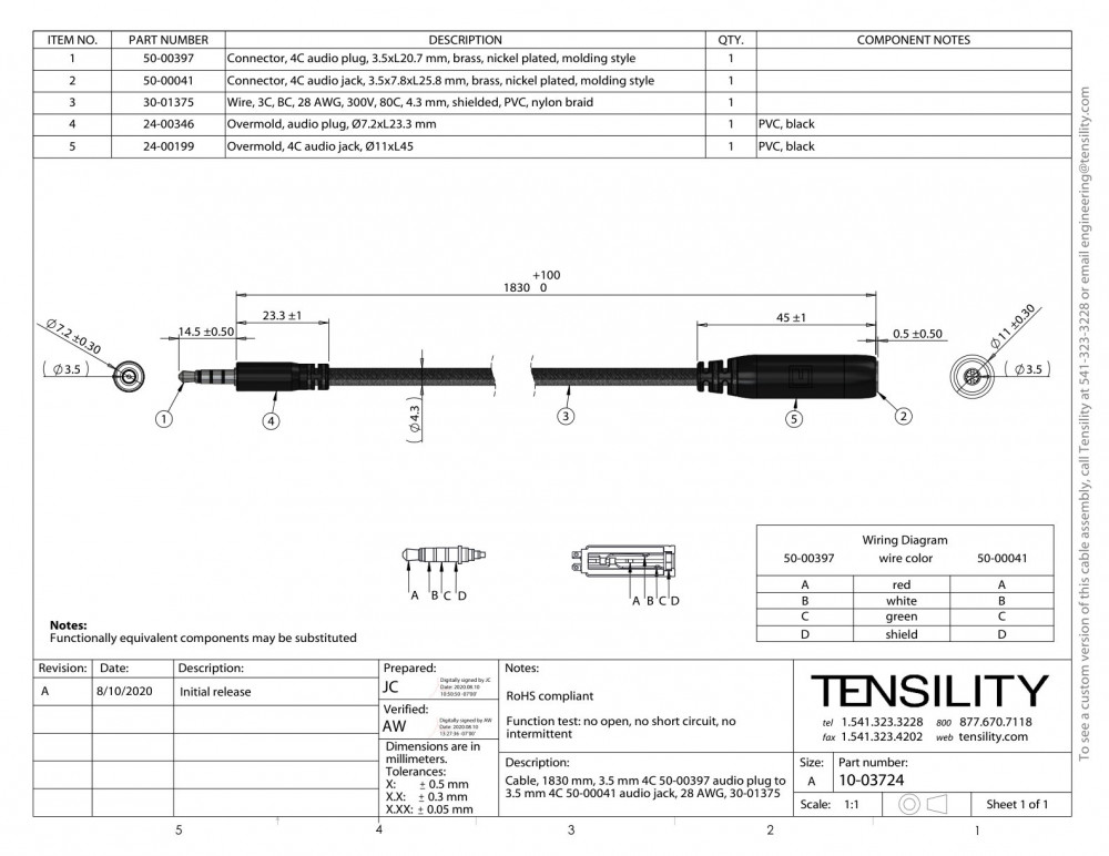 Manufacturer drawing for Tensility International cable assembly 10-03724