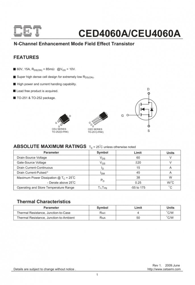 CEU4060A datasheet page 1