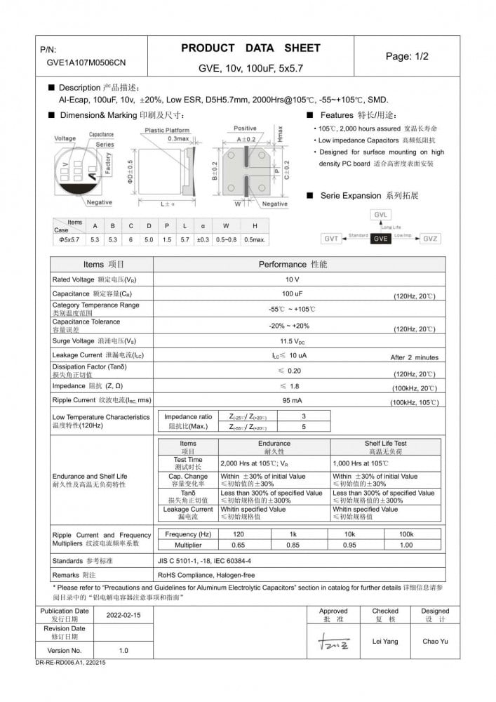 ACMECON GVE1A107M0506CN technical document page 1