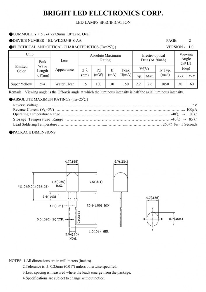BL-WKG3J4B-S-AA datasheet page 2: characteristics and package dimensions