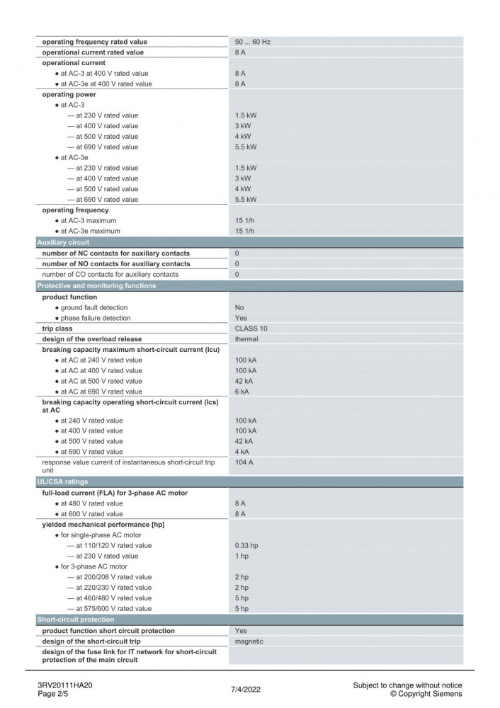 3RV20111HA20 datasheet page 2