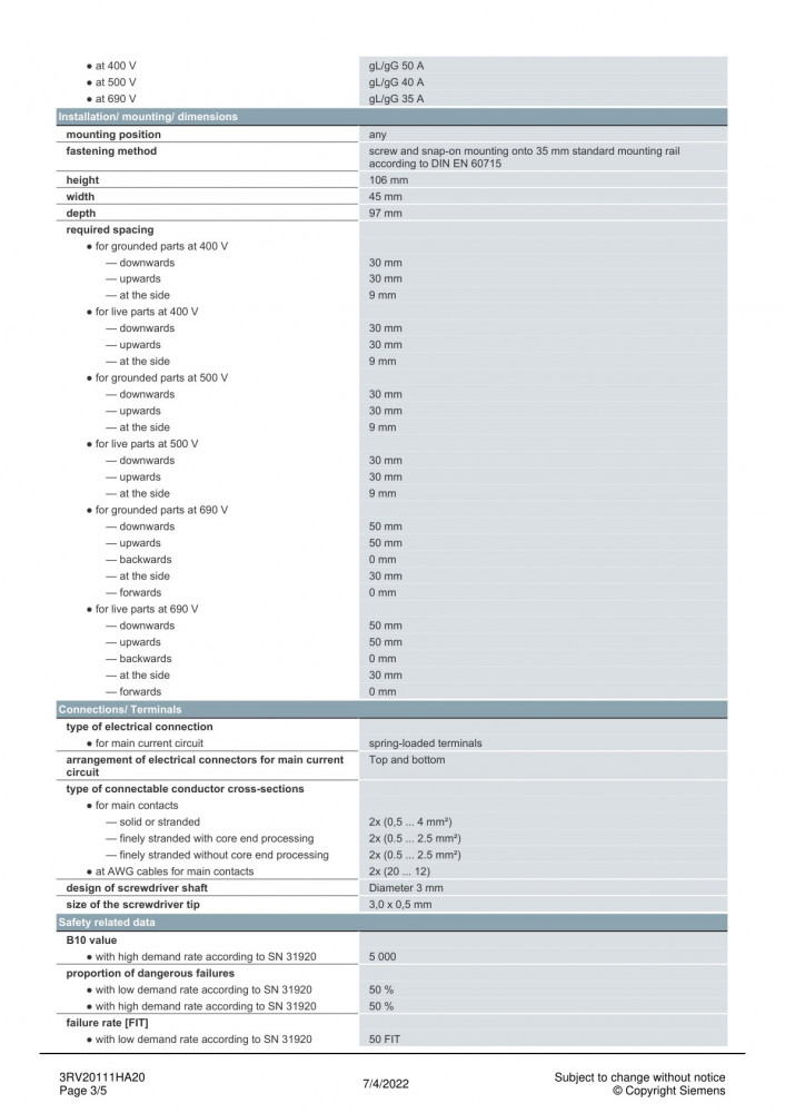 3RV20111HA20 datasheet page 3
