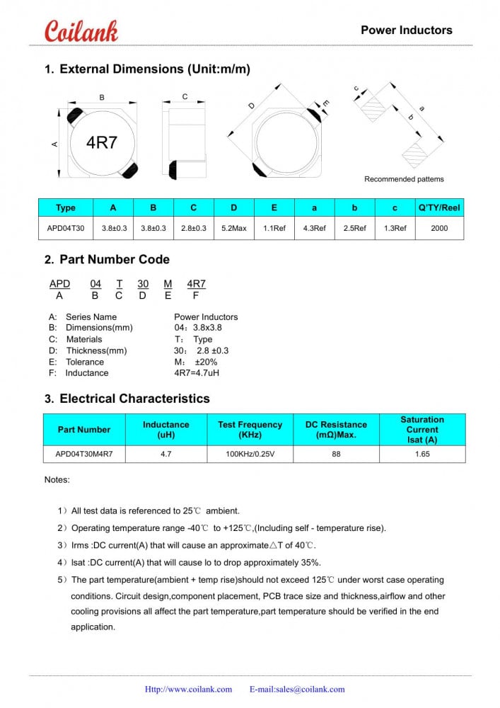 Coilank APD04T30M4R7 datasheet page