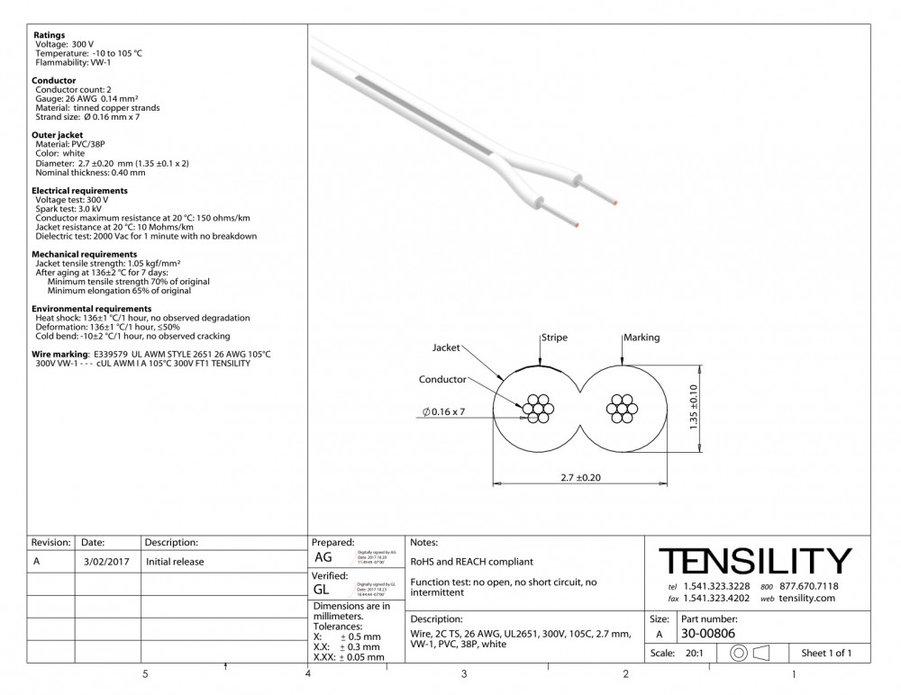 Tensility 30-00806 product drawing, wire specifications and test requirements
