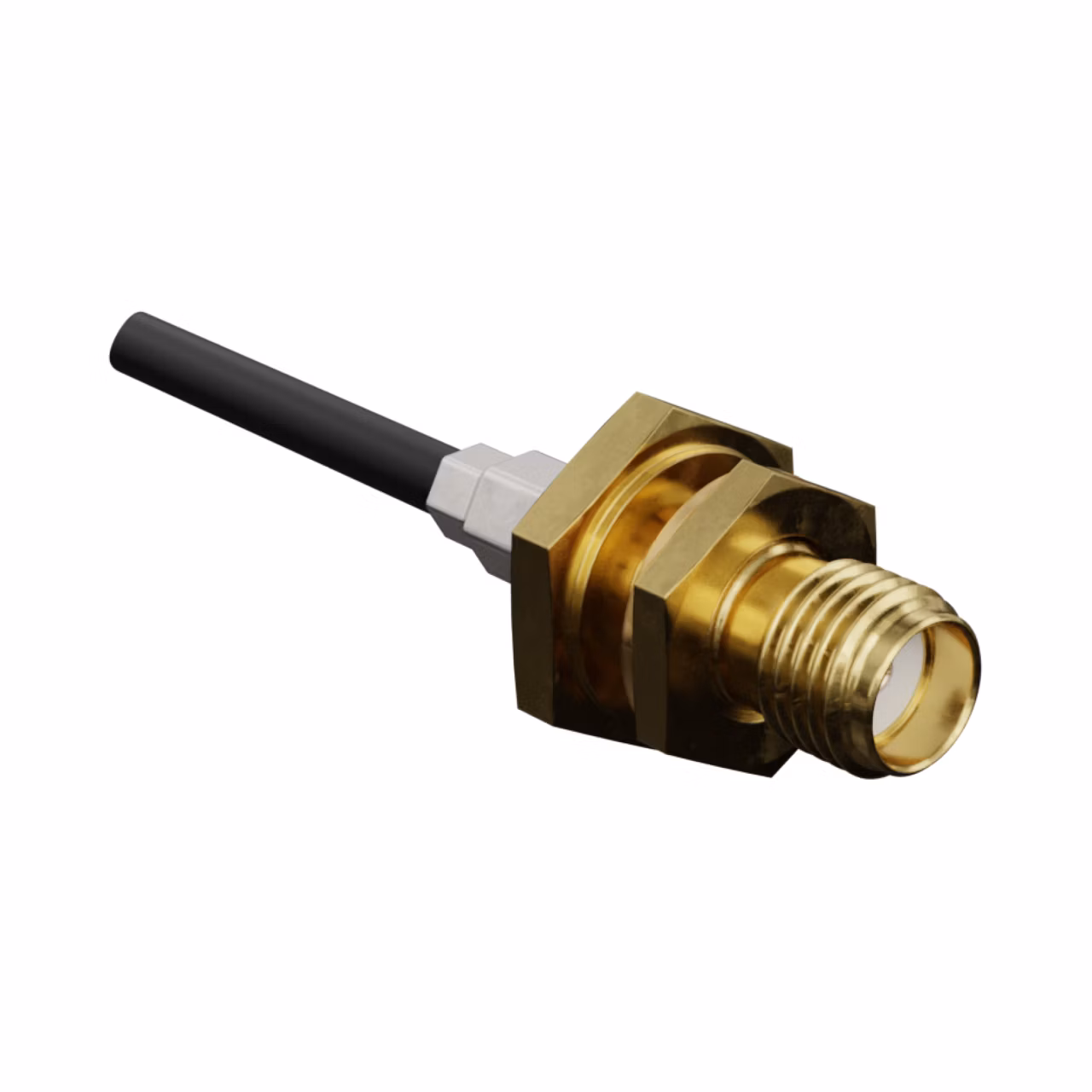 SMA Jack, Straight, Bulkhead, Crimp, RG-174, RG-188 and RG-316 Cable, Brass Body, Gold (Au) Plated, Mounts in Round Hole, 50 Ohms for sale