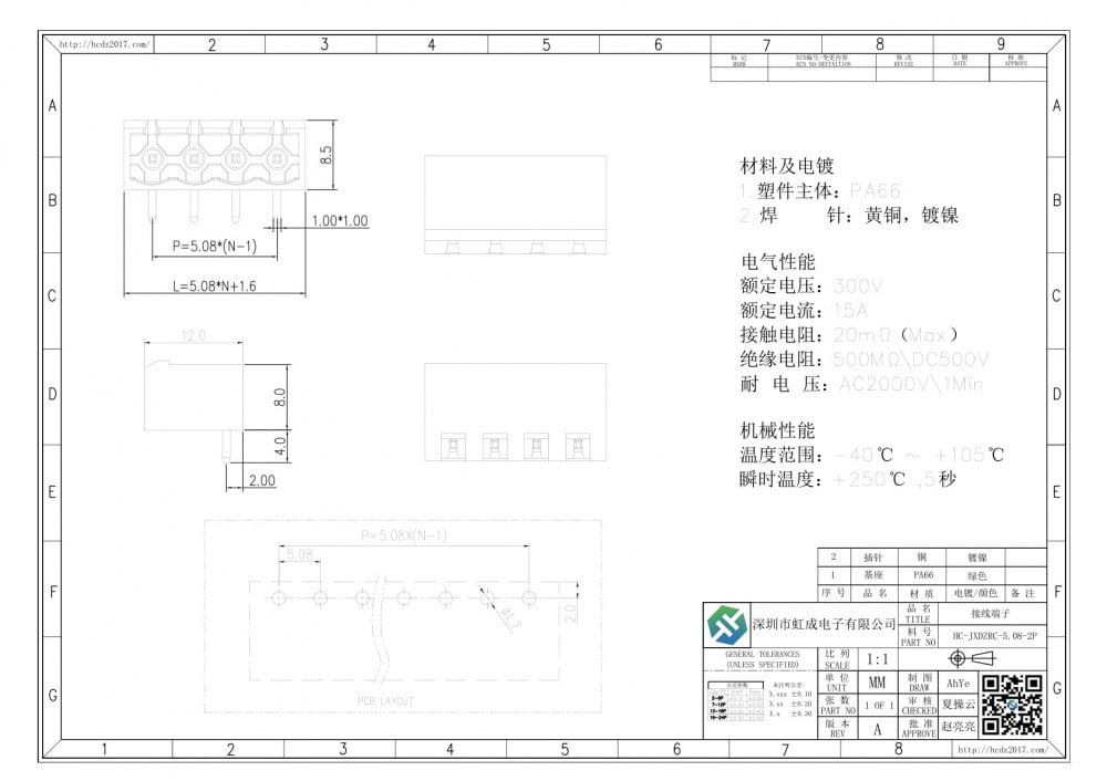 HC-JXDZRC-5.08-2P technical drawing