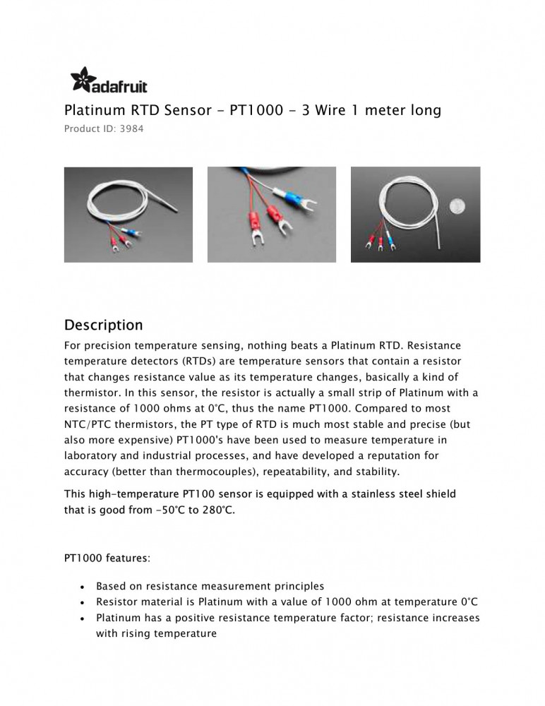 Adafruit 3984 PT1000 RTD technical document page 1