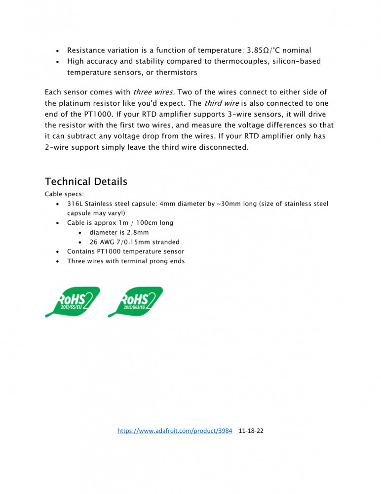 Adafruit 3984 PT1000 RTD technical document page 2
