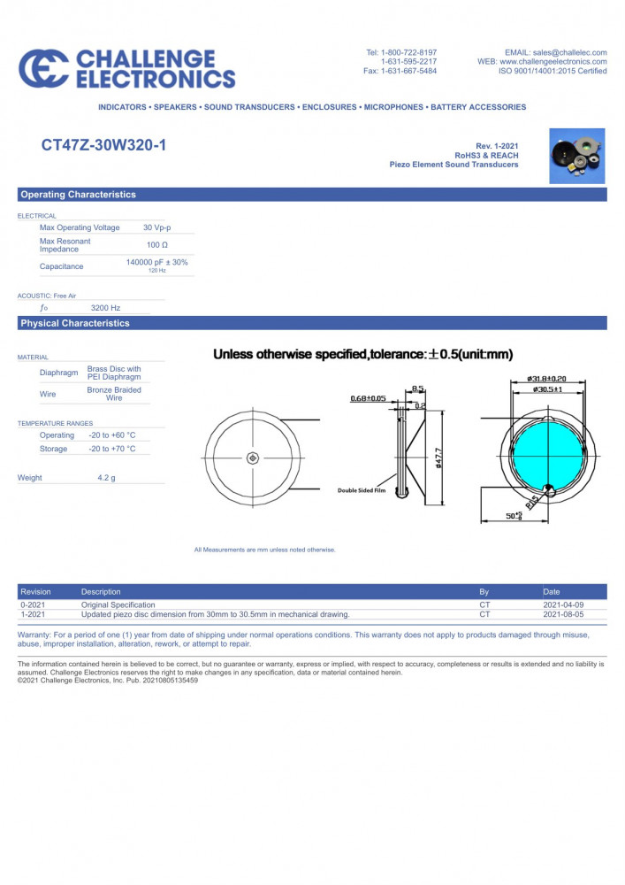 CT47Z-30W320-1 piezo element sound transducer technical document page