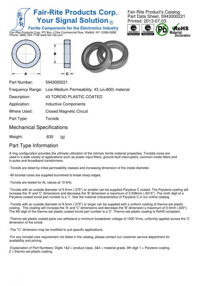 Fair-Rite 5943000221 technical document page 1