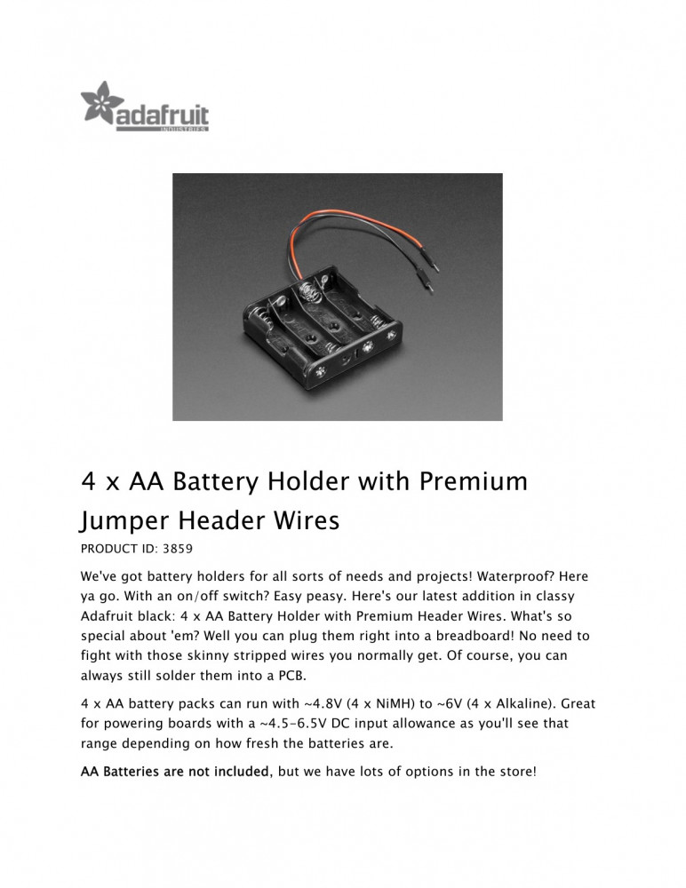 Adafruit 3859 four AA battery holder technical image 1