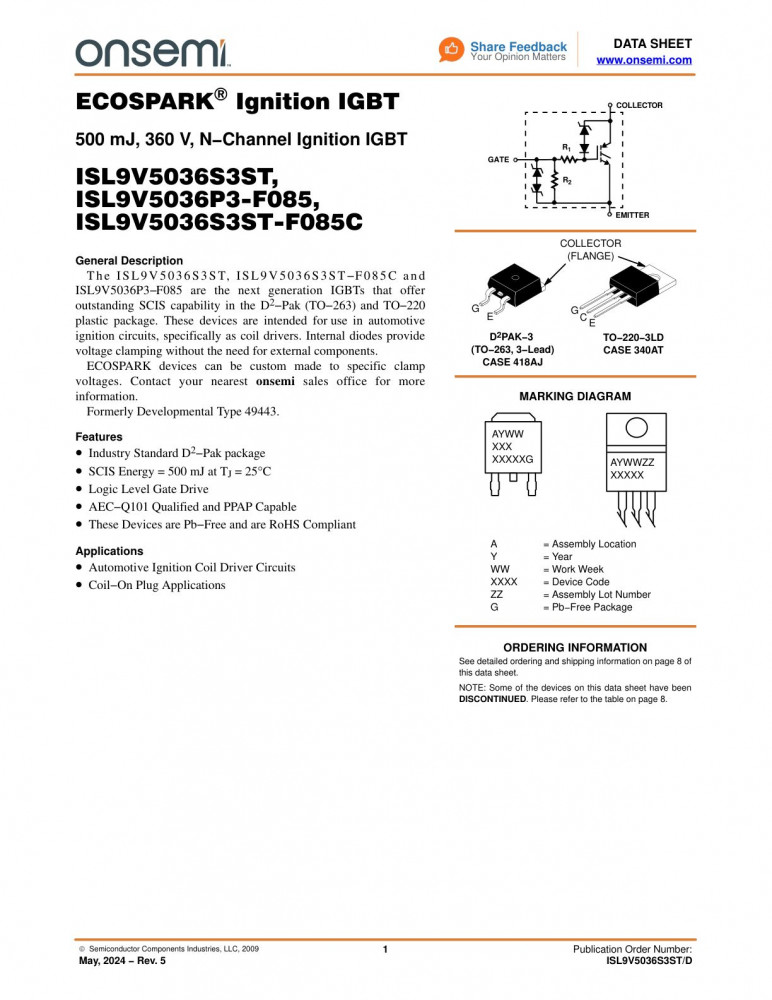 ISL9V5036S3ST datasheet page 1