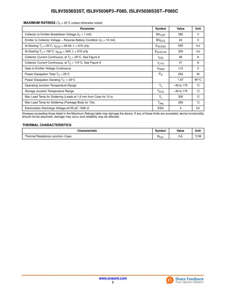 ISL9V5036S3ST datasheet page 2