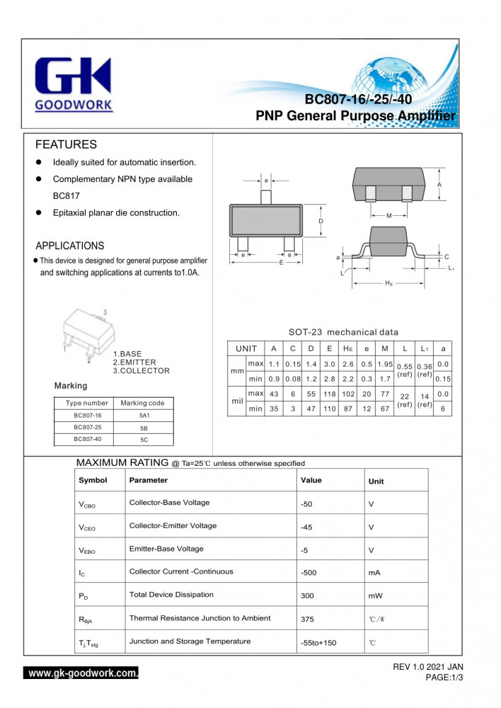 GOODWORK BC807-40 technical document page 1