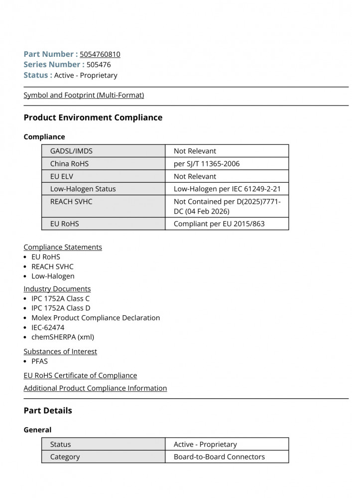MOLEX 5054760810 technical document page 1