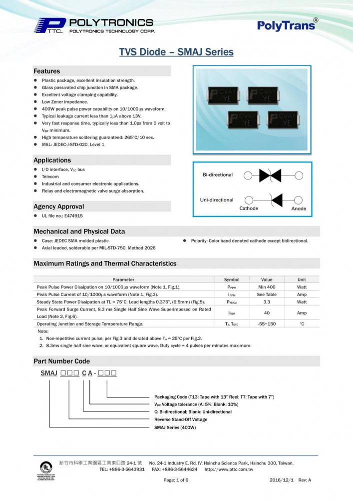 PTTC SMAJ Series datasheet page 1