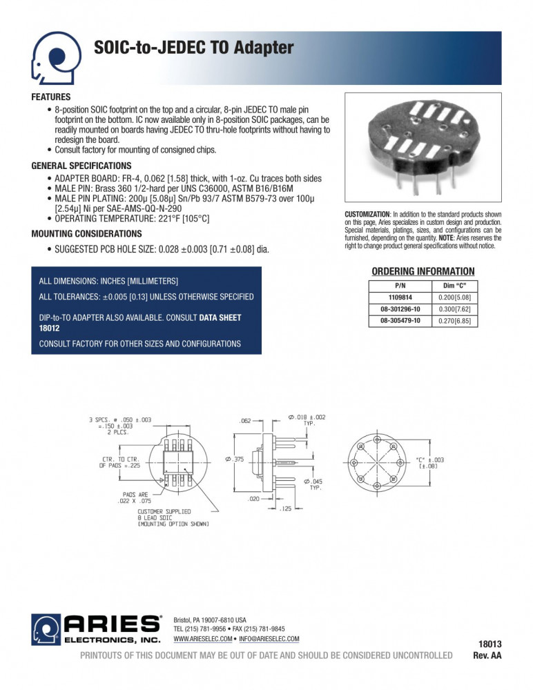 Aries Electronics 1109814 SOIC-to-JEDEC TO adapter drawing