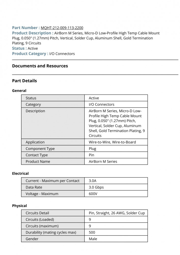Technical document page 1 for MQHT-212-009-113-2200