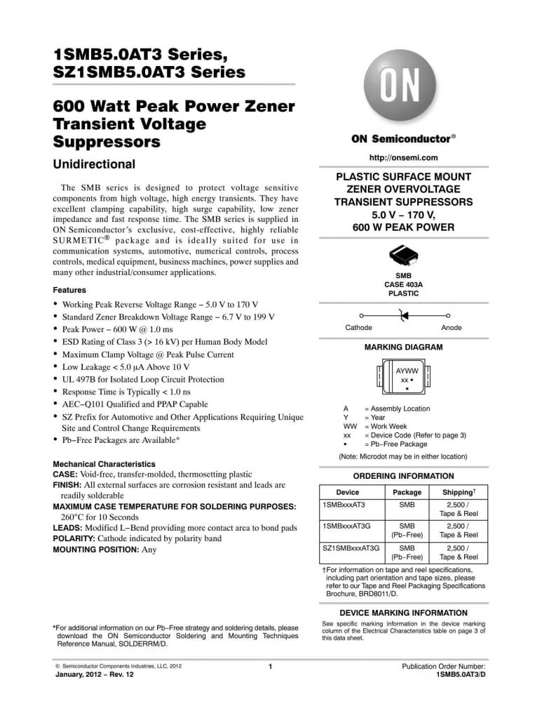 SZ1SMB18AT3 datasheet page 1