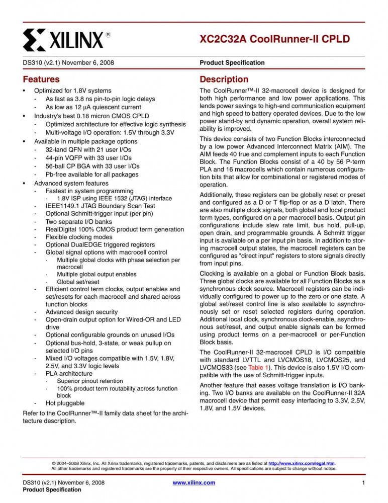 XC2C32A datasheet page 1