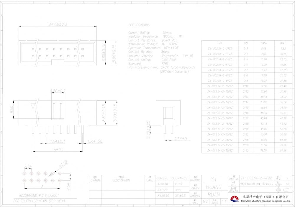 ZX-IDC2.54-2-6PZZ technical drawing and specifications