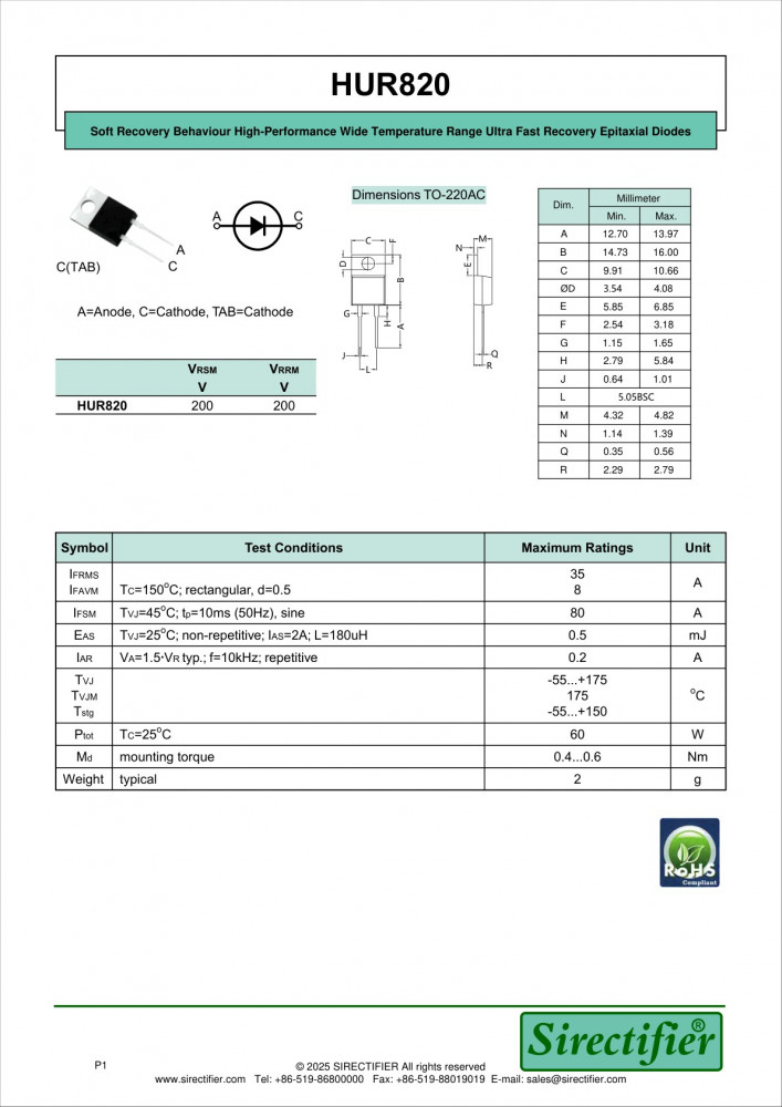 Sirectifier HUR820 datasheet page 1
