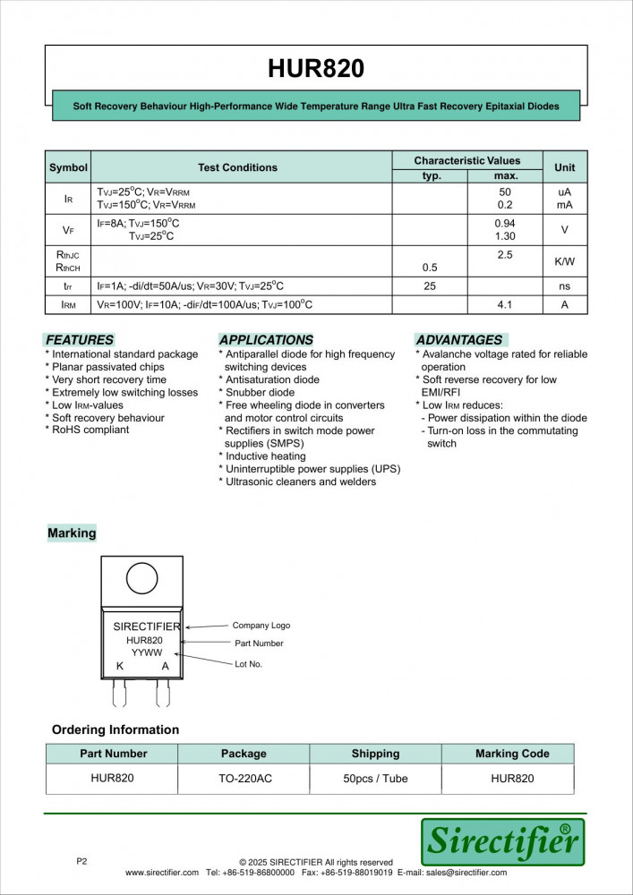 Sirectifier HUR820 datasheet page 2