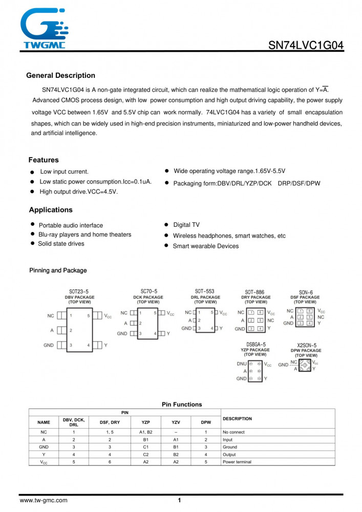 SN74LVC1G04DCKR datasheet page 1