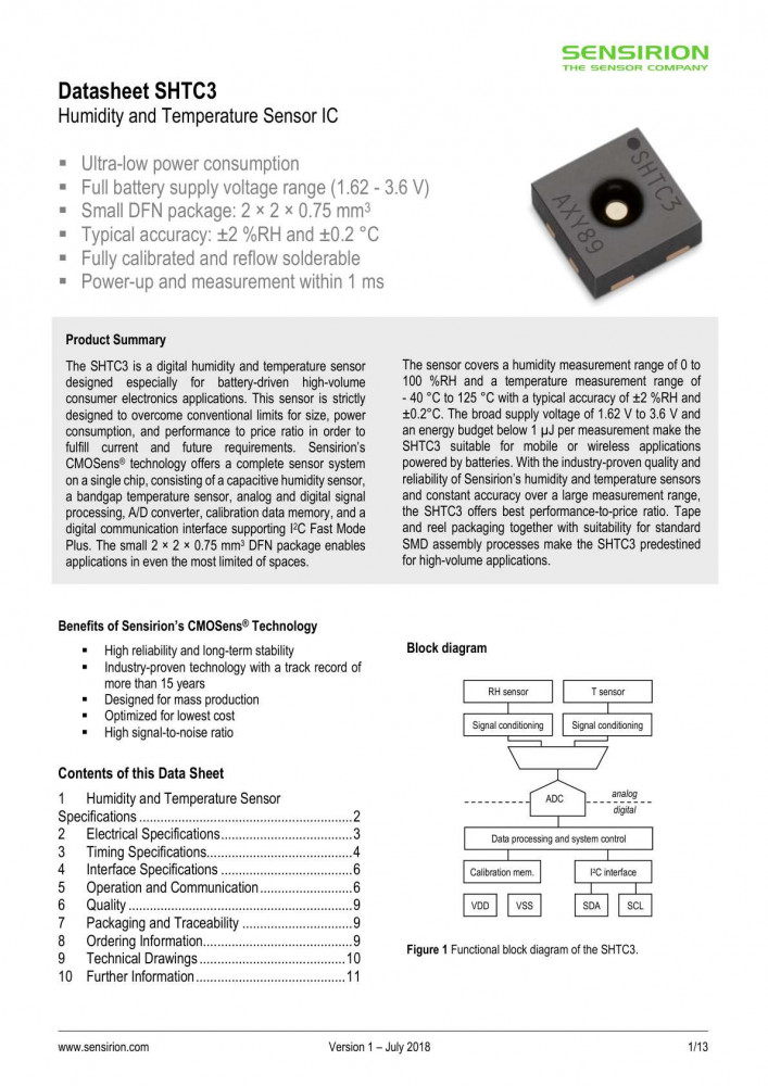 SHTC3 datasheet page 1