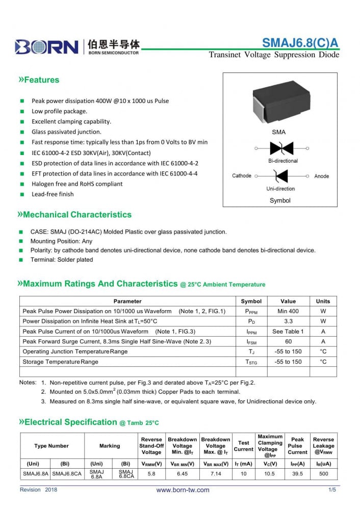 SMAJ6.8CA datasheet page 1
