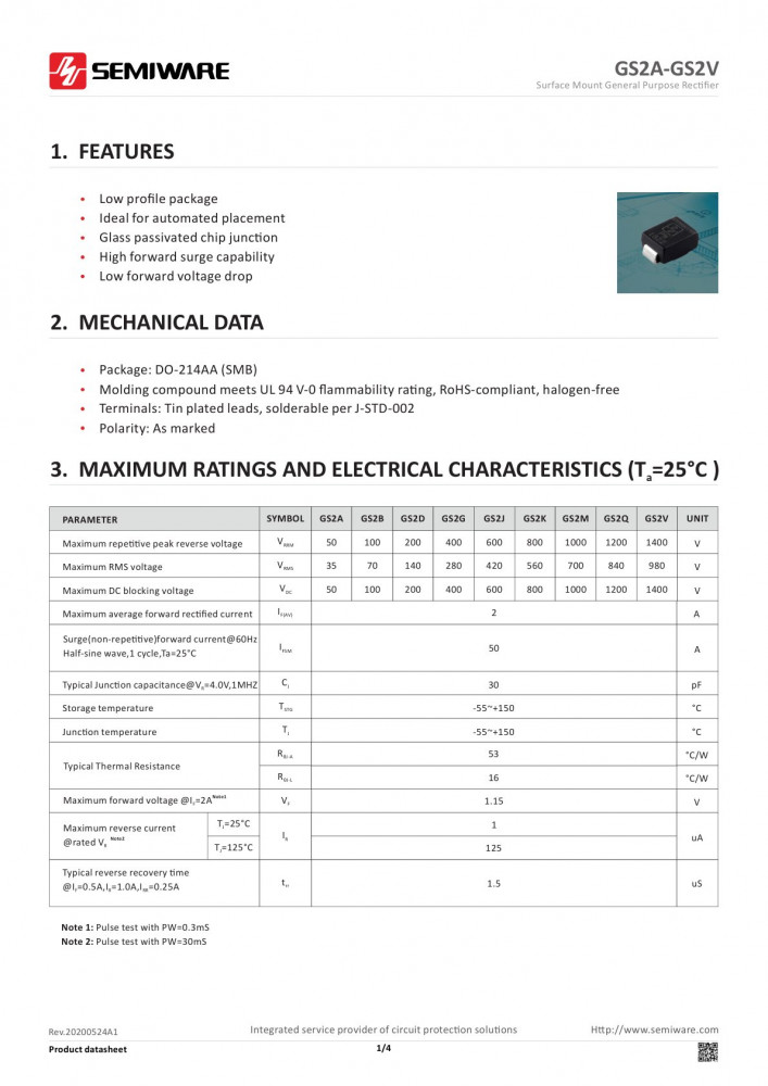 SEMIWARE GS2A datasheet page 1
