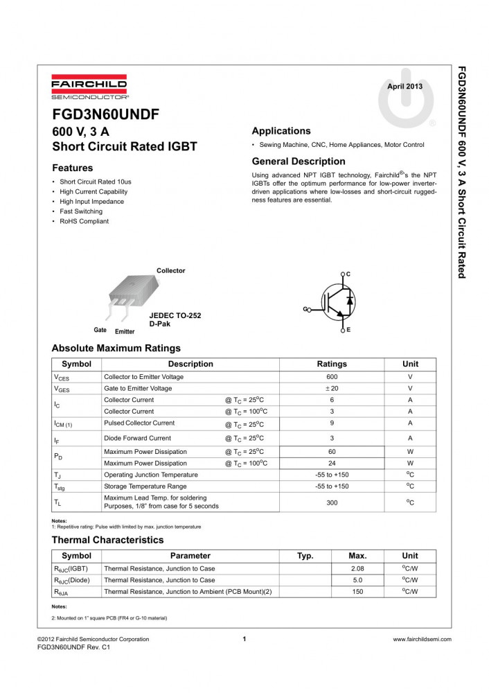 FGD3N60UNDF datasheet page 2