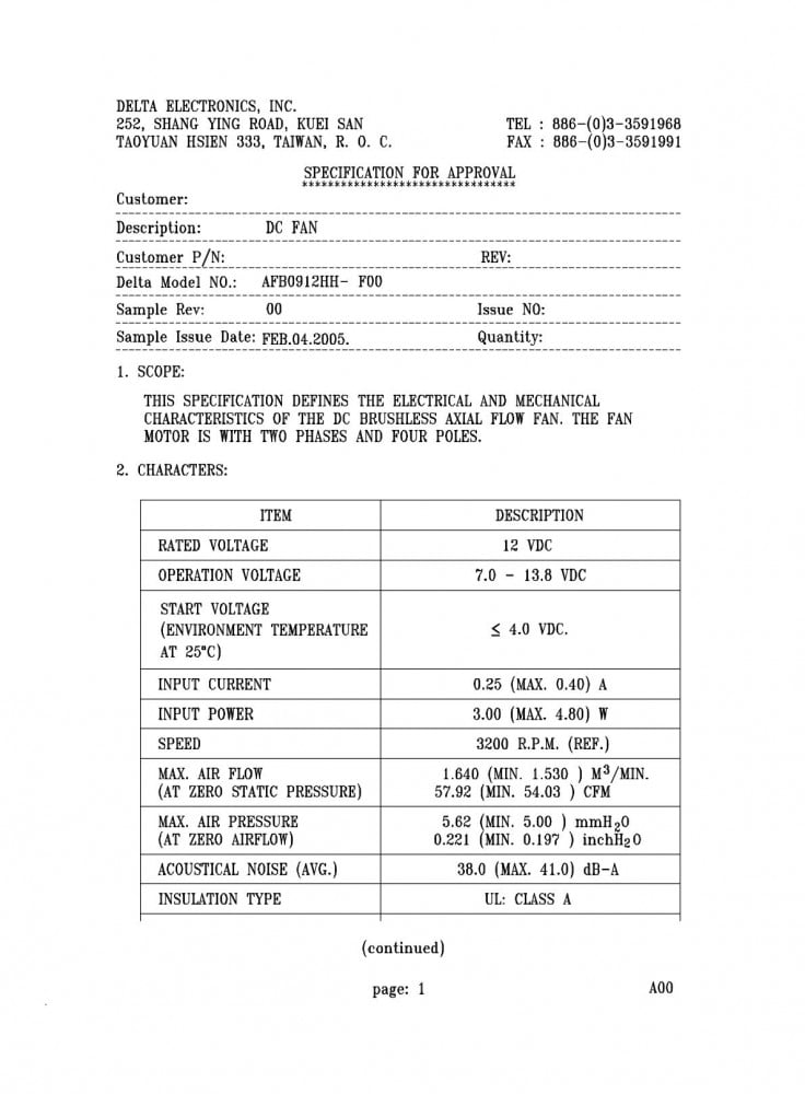 AFB0912HH-F00 specification page 1