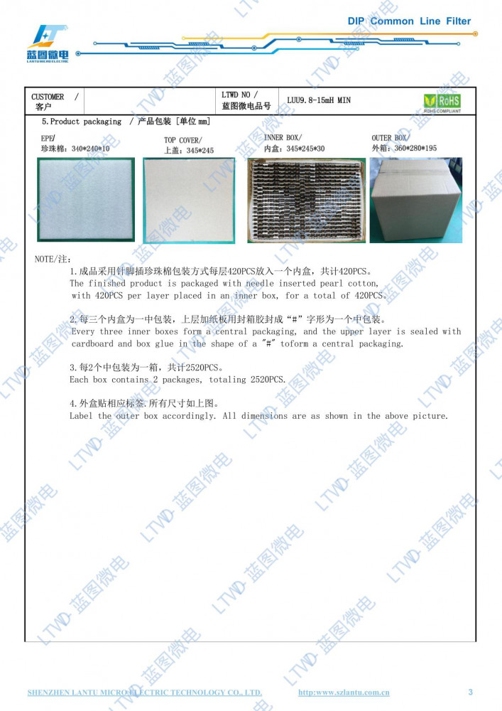 LUU9.8-15mH packaging specification page