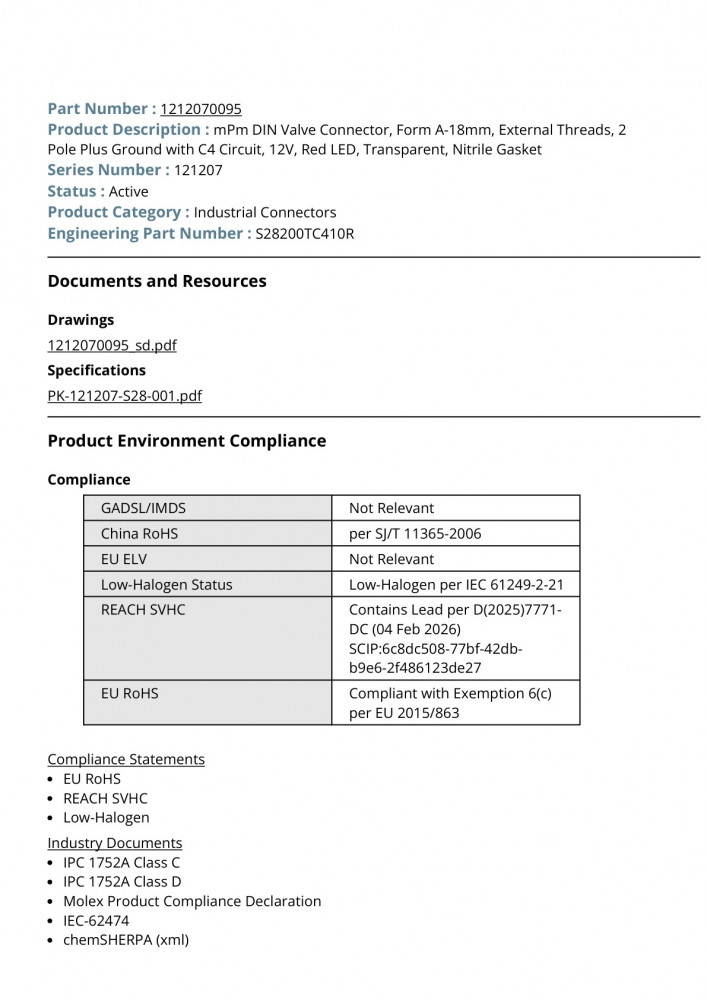 Molex S28 DIN valve connector packaging specification, page image 1