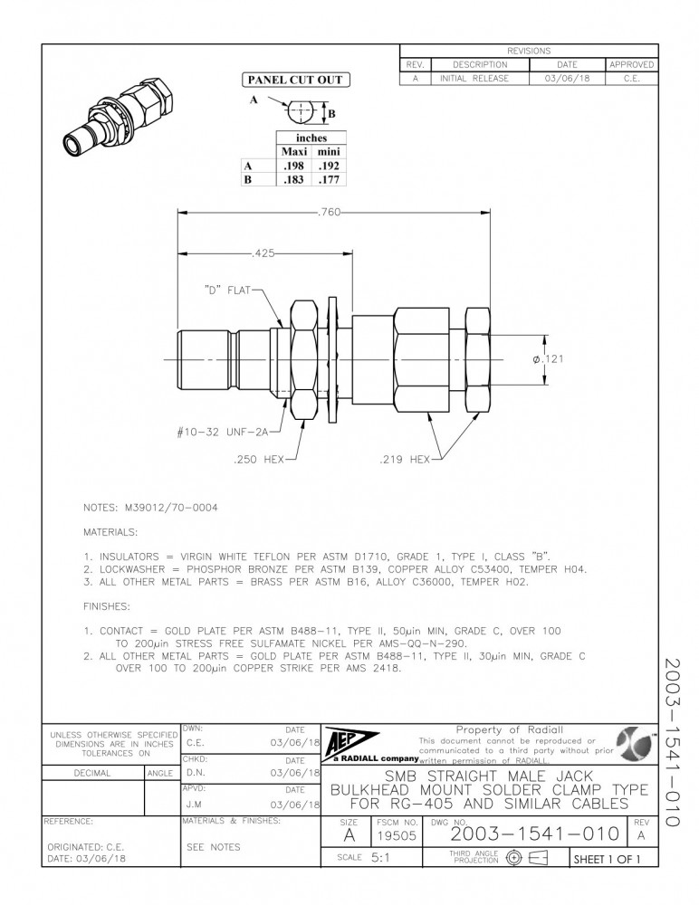 Radiall drawing for SMB straight male bulkhead connector 2003-1541-010