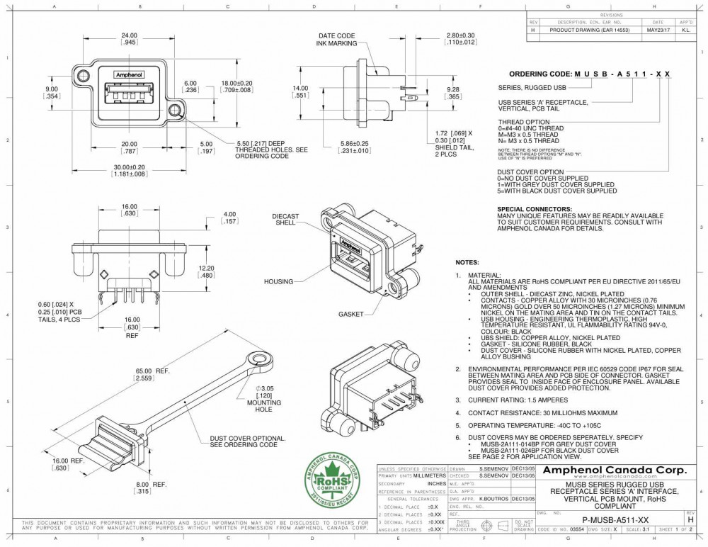 Amphenol MUSB-A511 product drawing page 1