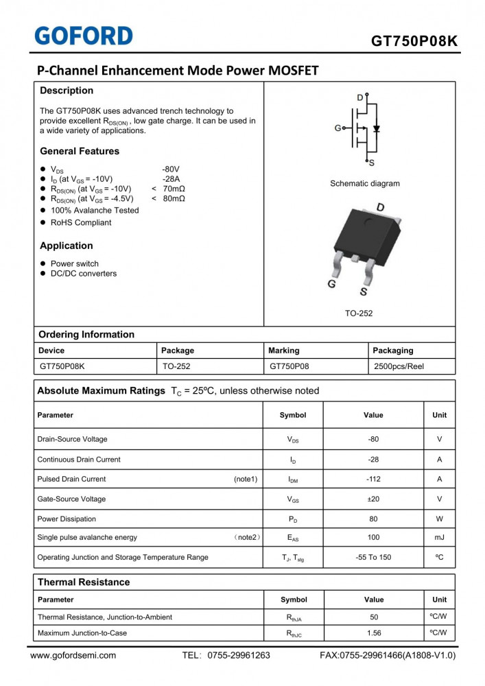 GT750P08K datasheet page 1