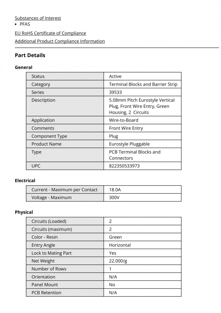 Molex ESE Eurostyle terminal block product specification page 2